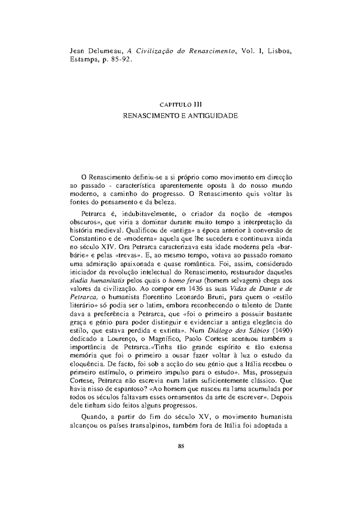 Renascimento e Antiguidade: Análise do Capítulo de Jean Delumeau - Studocu
