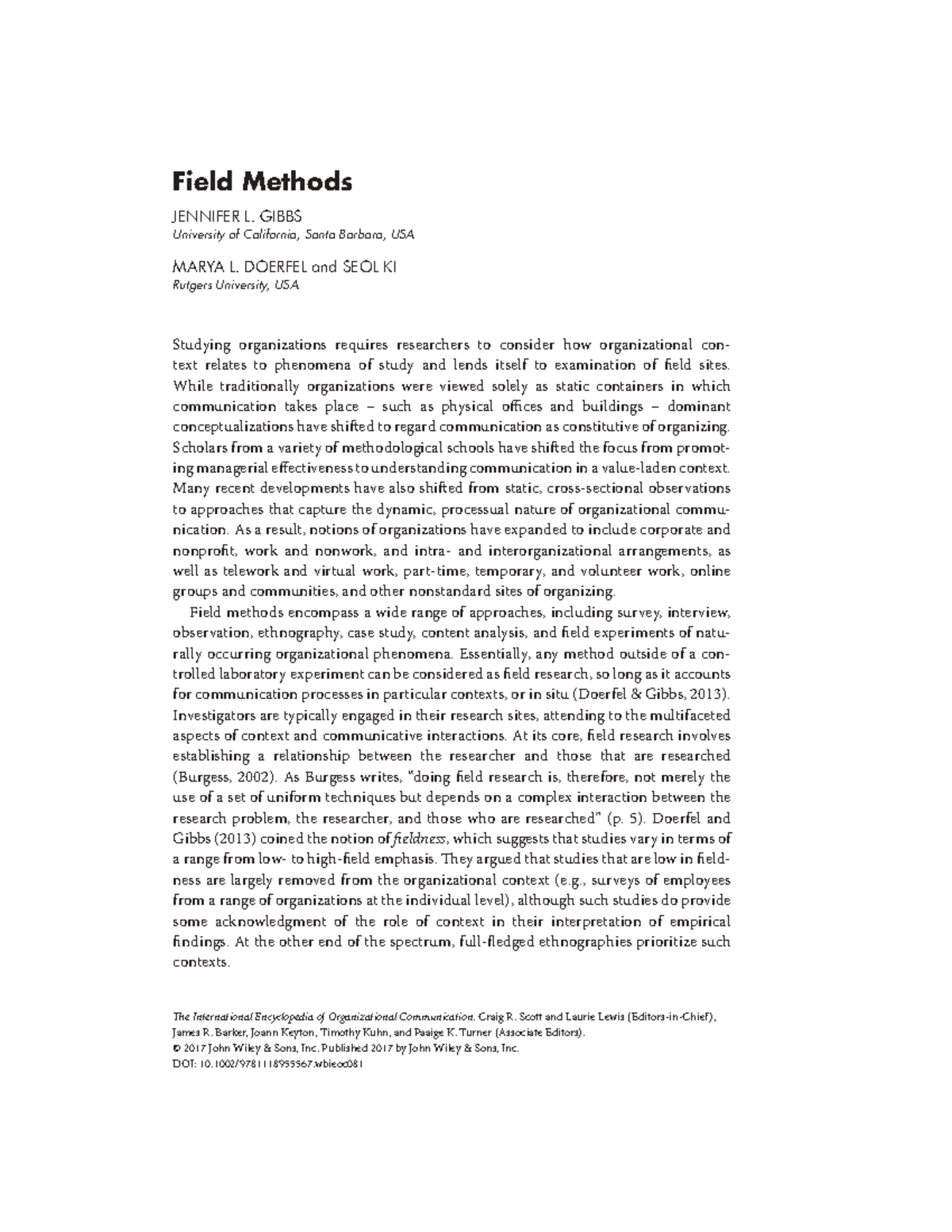 Field Methods in Organizational Communication (GIBBS DOERFEL KI 2017 ...