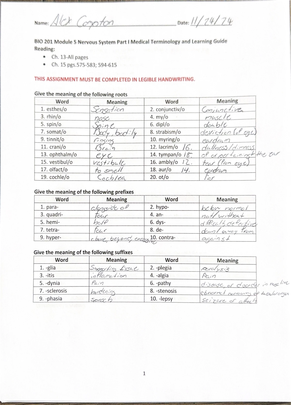 BIO 201 Module 6 Nervous System Part II: Medical Terminology Guide ...