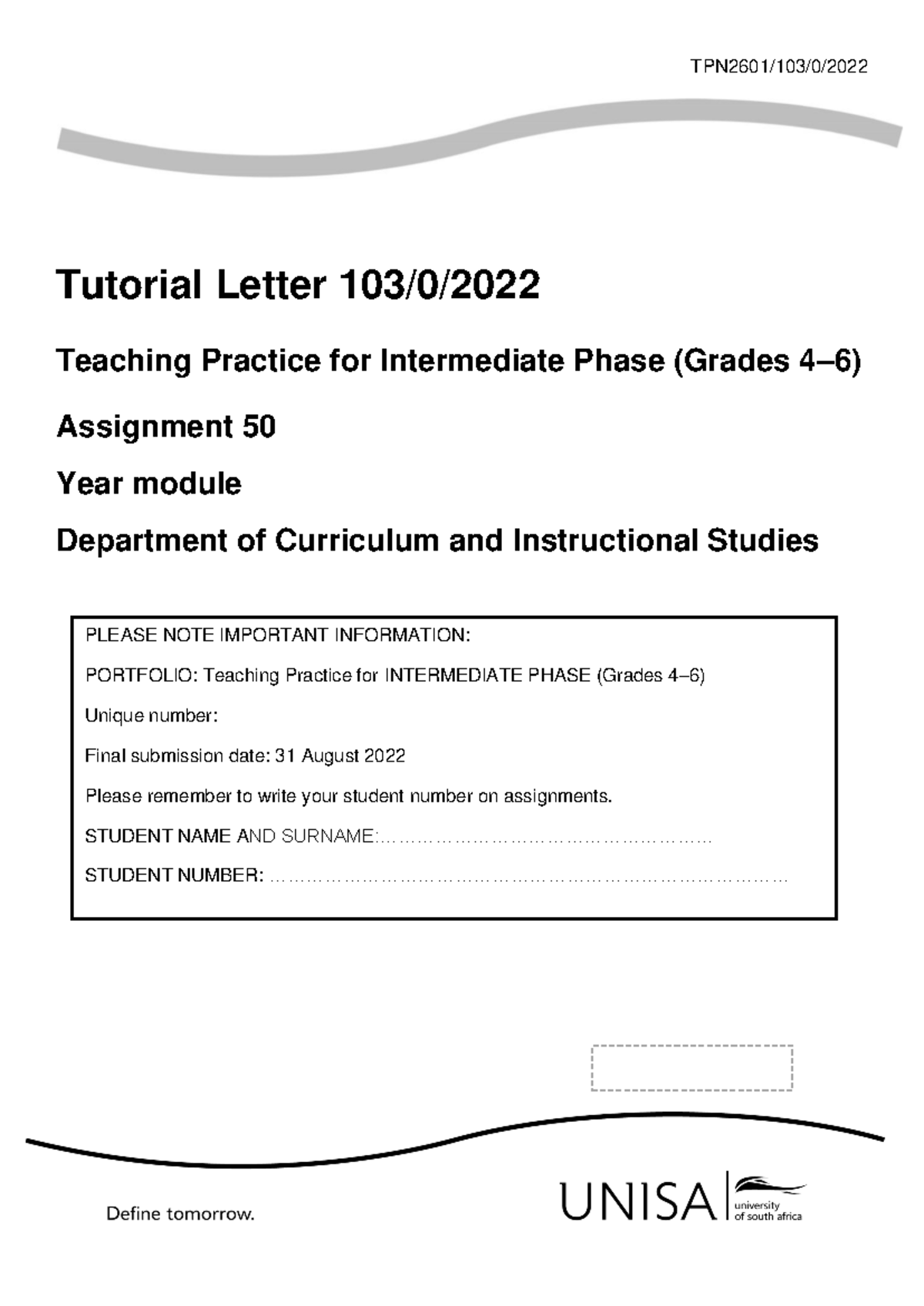 TPN2601 Teaching Practice Portfolio for Intermediate Phase (Grades 4-6 ...