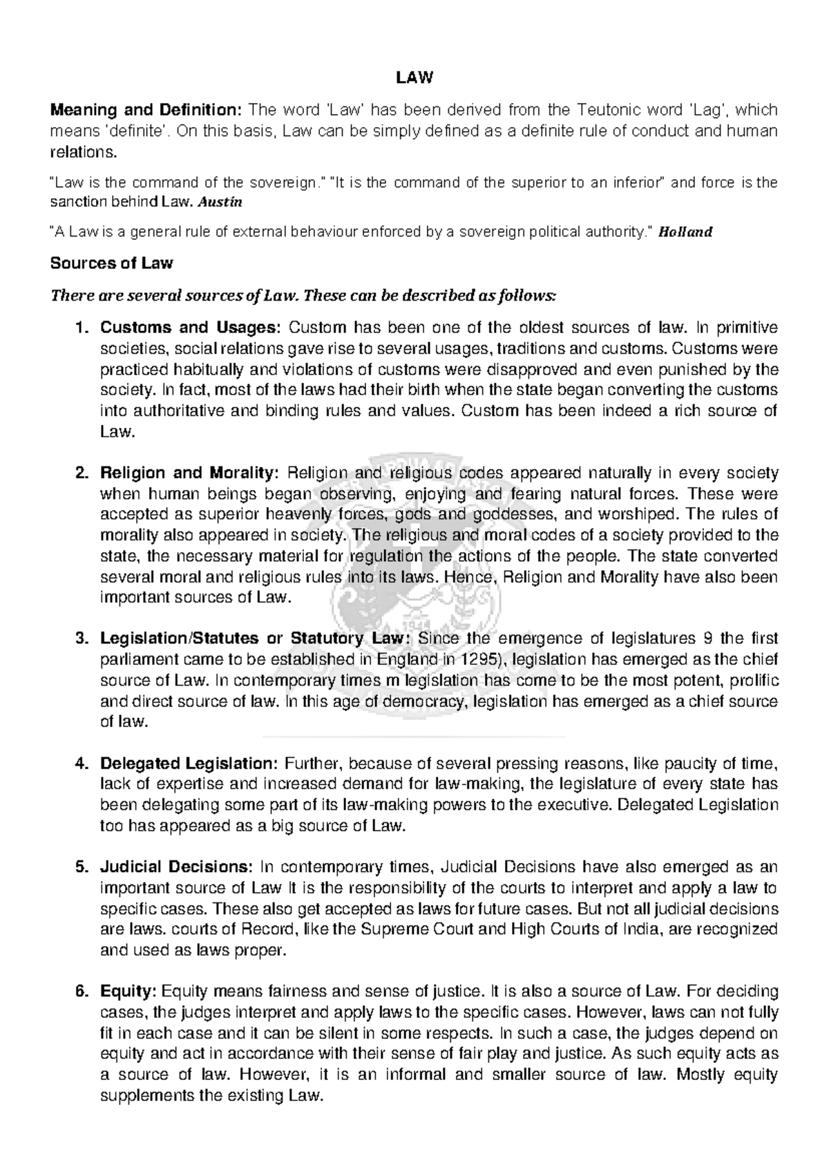 LAW 101: Understanding the Meaning, Sources, and Kinds of Law - Studocu