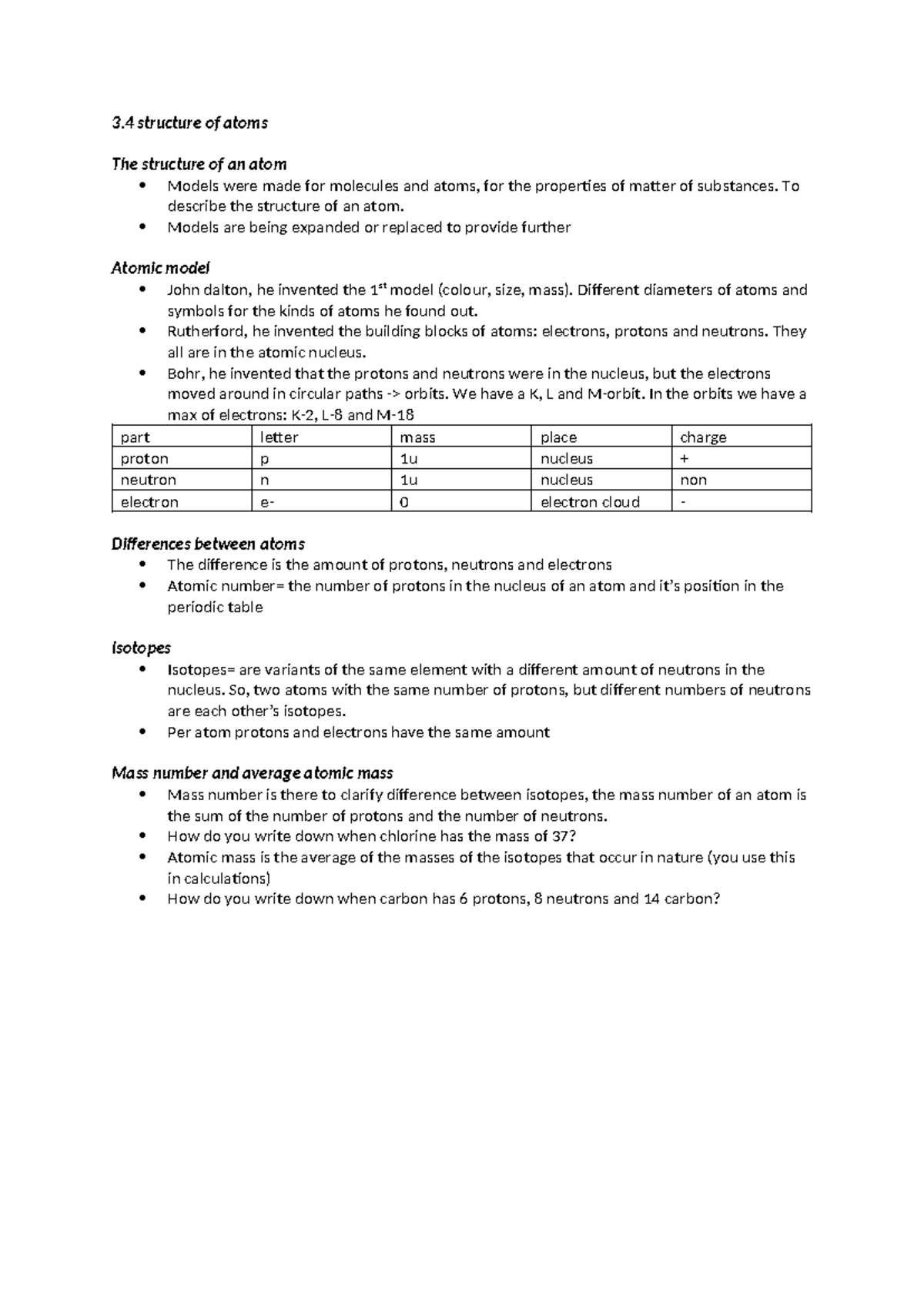 Chemistry H3, 4 - Atom Structure Summary and Models - Studeersnel