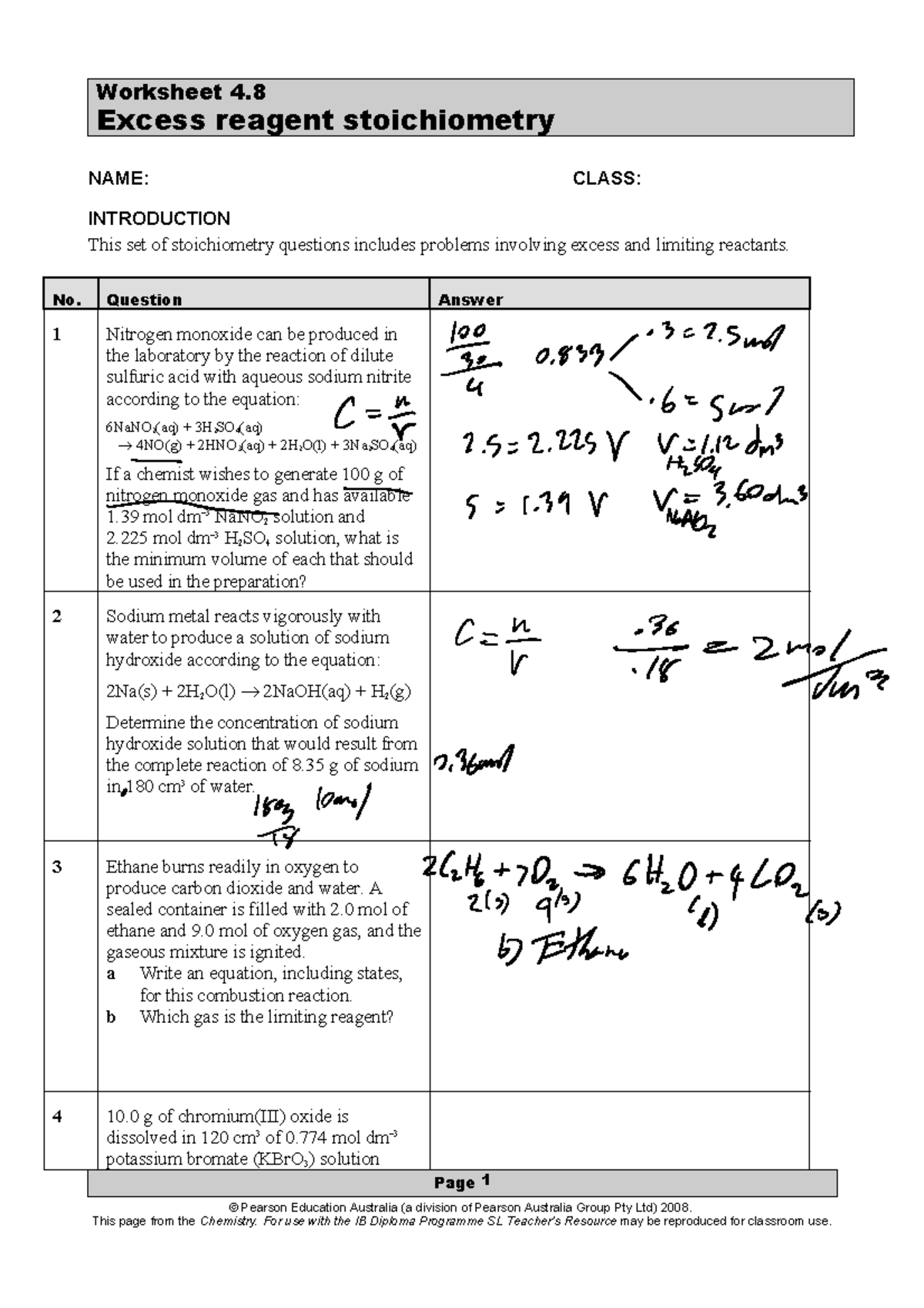 Worksheet 4.8: Excess Reagent Stoichiometry & Limiting Reactants - Studocu