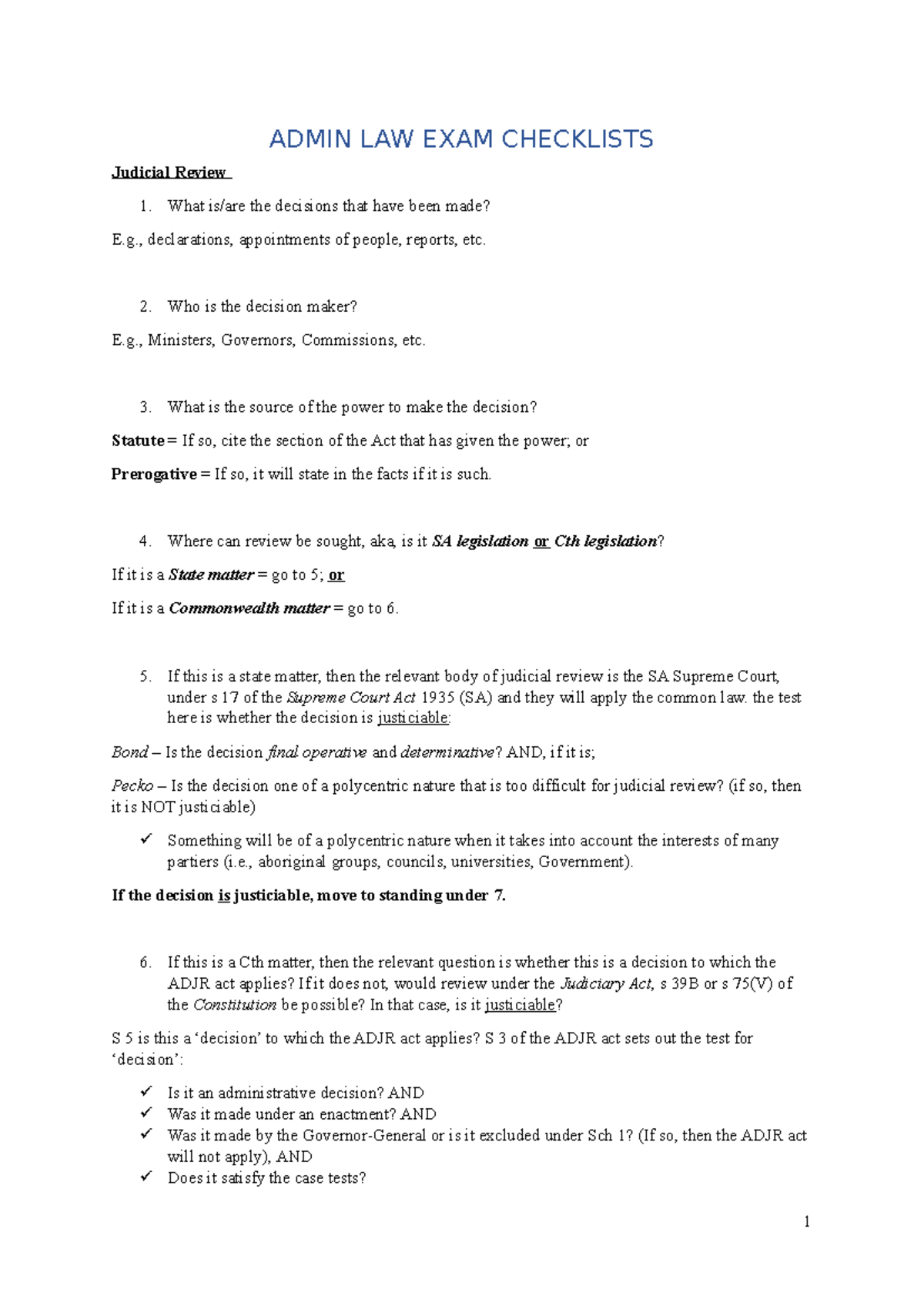 ADMIN LAW 101: Exam Checklist for Judicial Review - Studocu