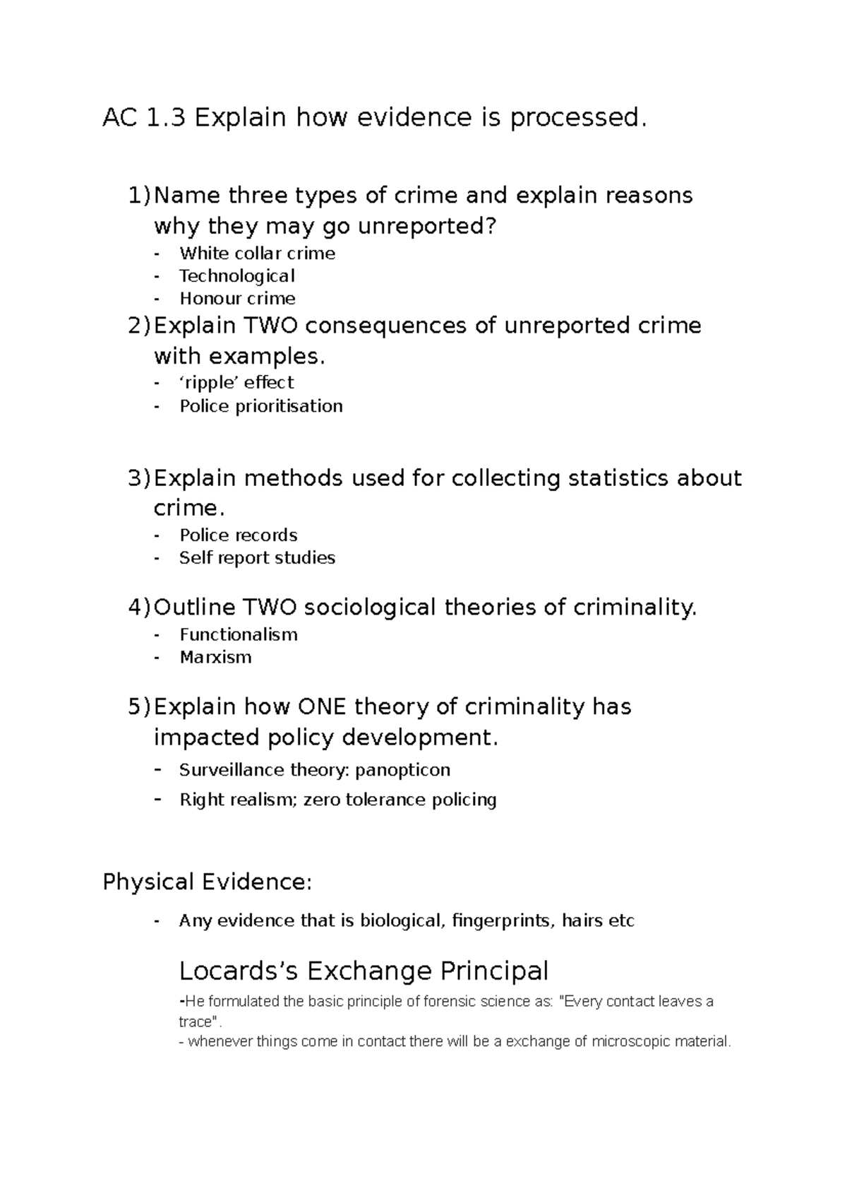 AC1.3 Locard's Exchange Principle and Crime Evidence Processing - Studocu