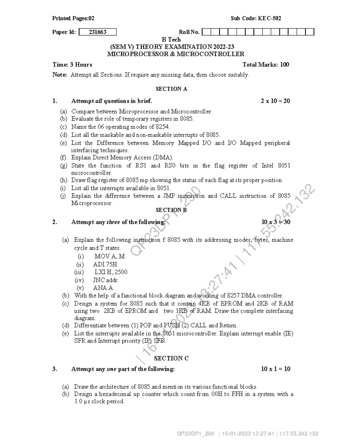 B Tech SEM V Theory Exam: Microprocessor & Microcontroller (231663) - Studocu