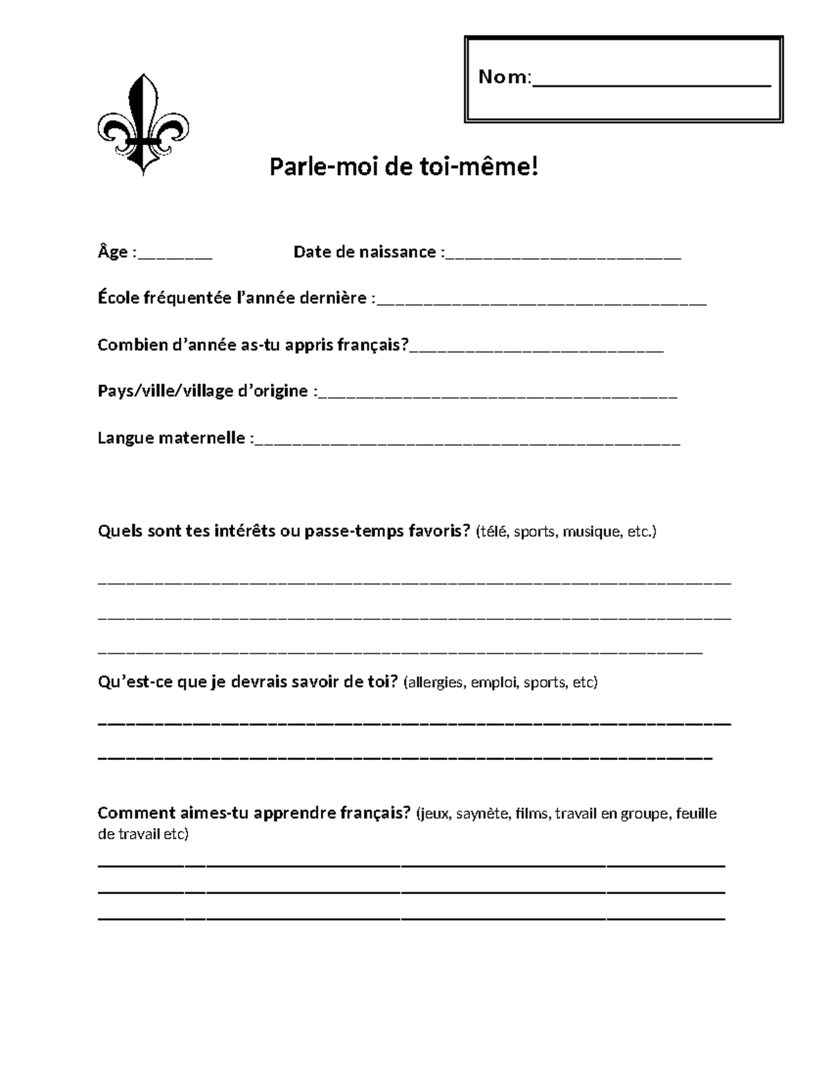 Parle-moidetoi-même - Introduction worksheet - Parle-moi de toi-même ...
