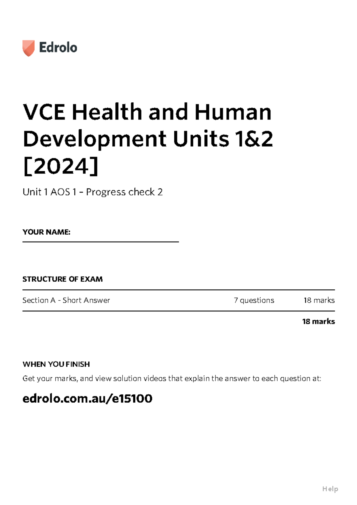 VCE Health & Human Development Unit 1 AOS 1 Progress Check 2 Exam Guide ...