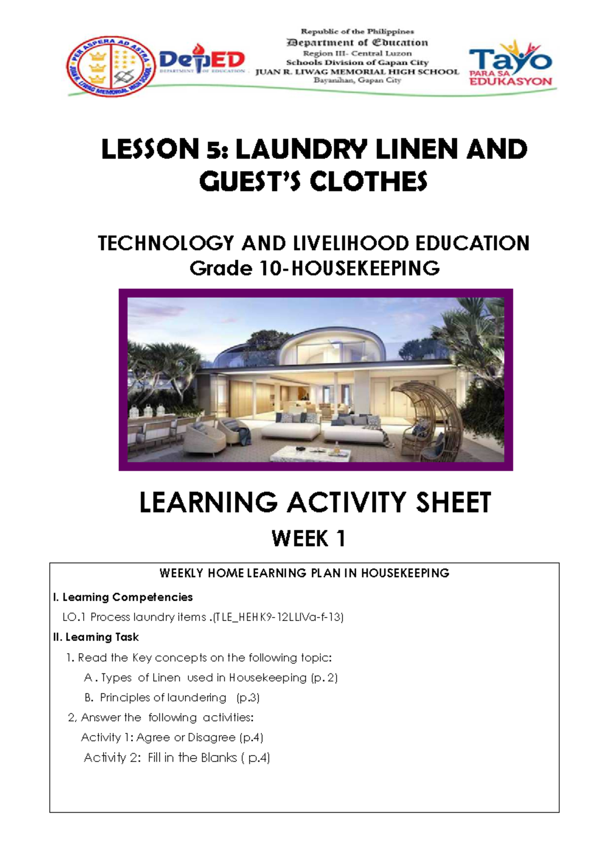 Housekeeping Q4 Lesson 5: Laundry Linen & Guest Clothing TLE_HEHK9 ...