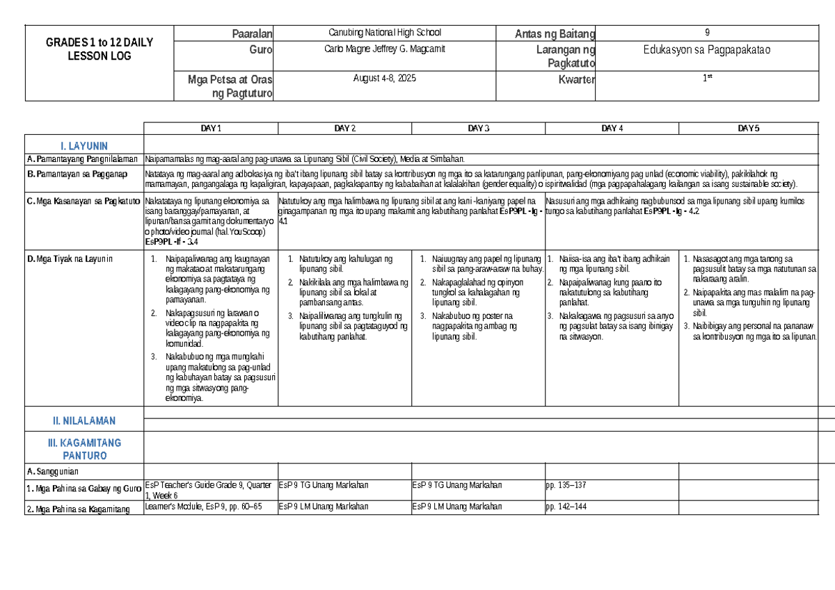DLL Week 7: Lesson Plan in Values for EsP 9 - Studocu