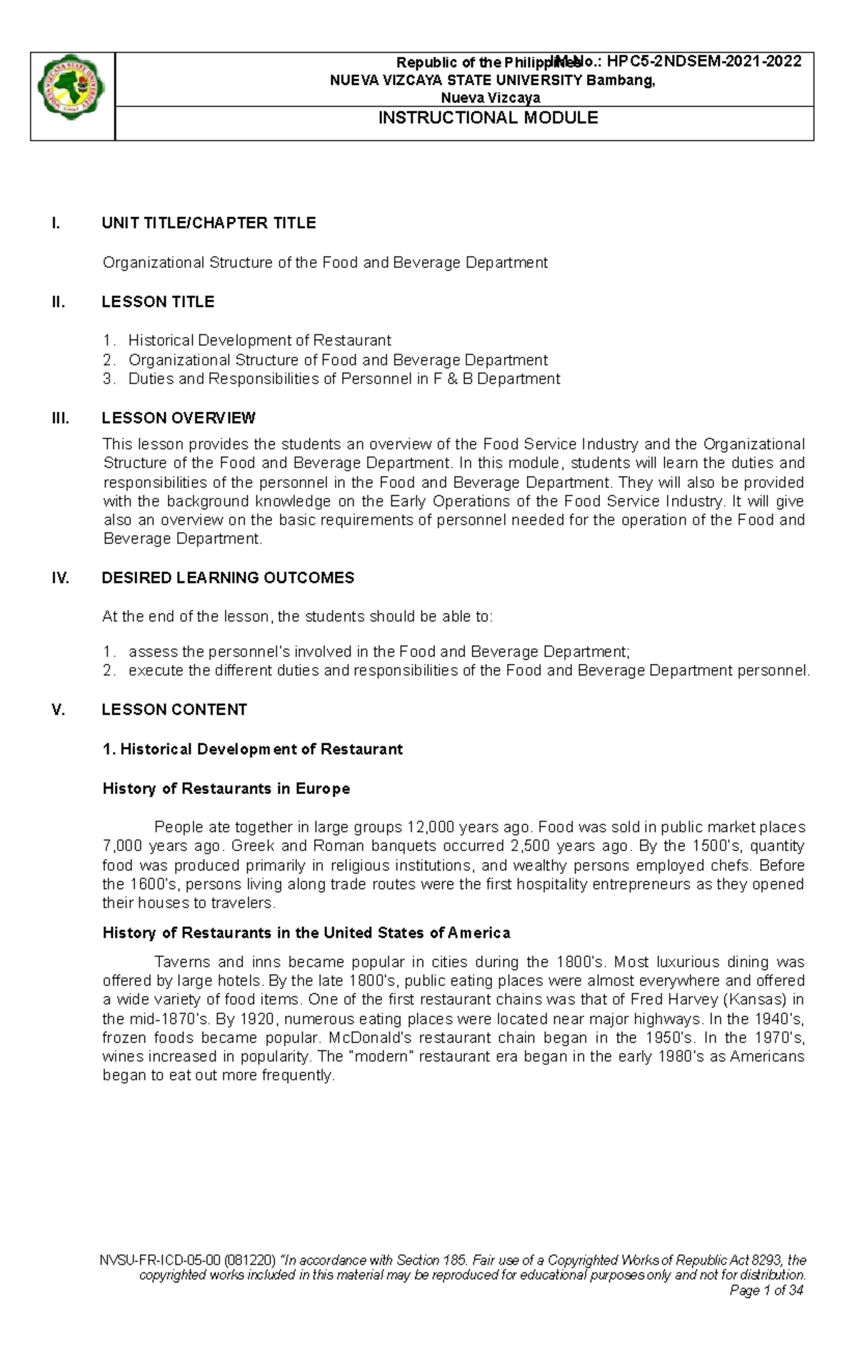 FBS Midterm - Overview of Food & Beverage Department Structure and ...