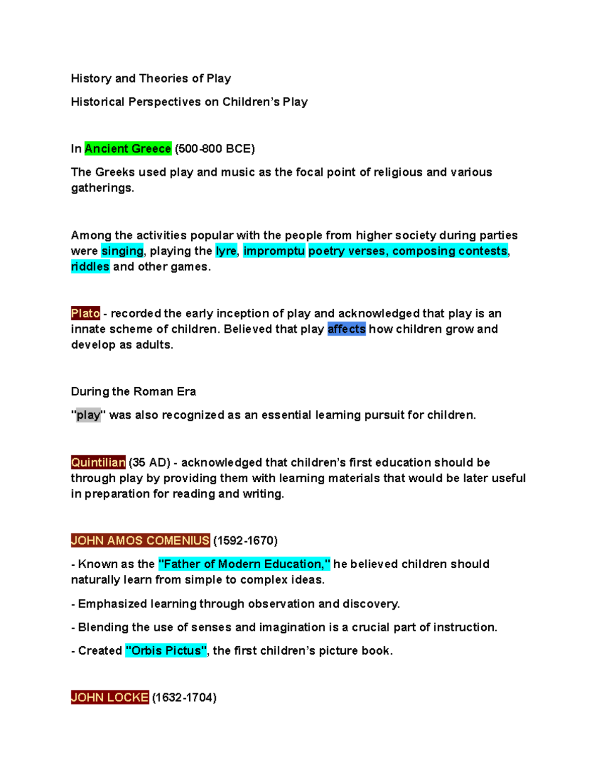 HIST 101: Historical Perspectives on Play and Learning Theories - Studocu