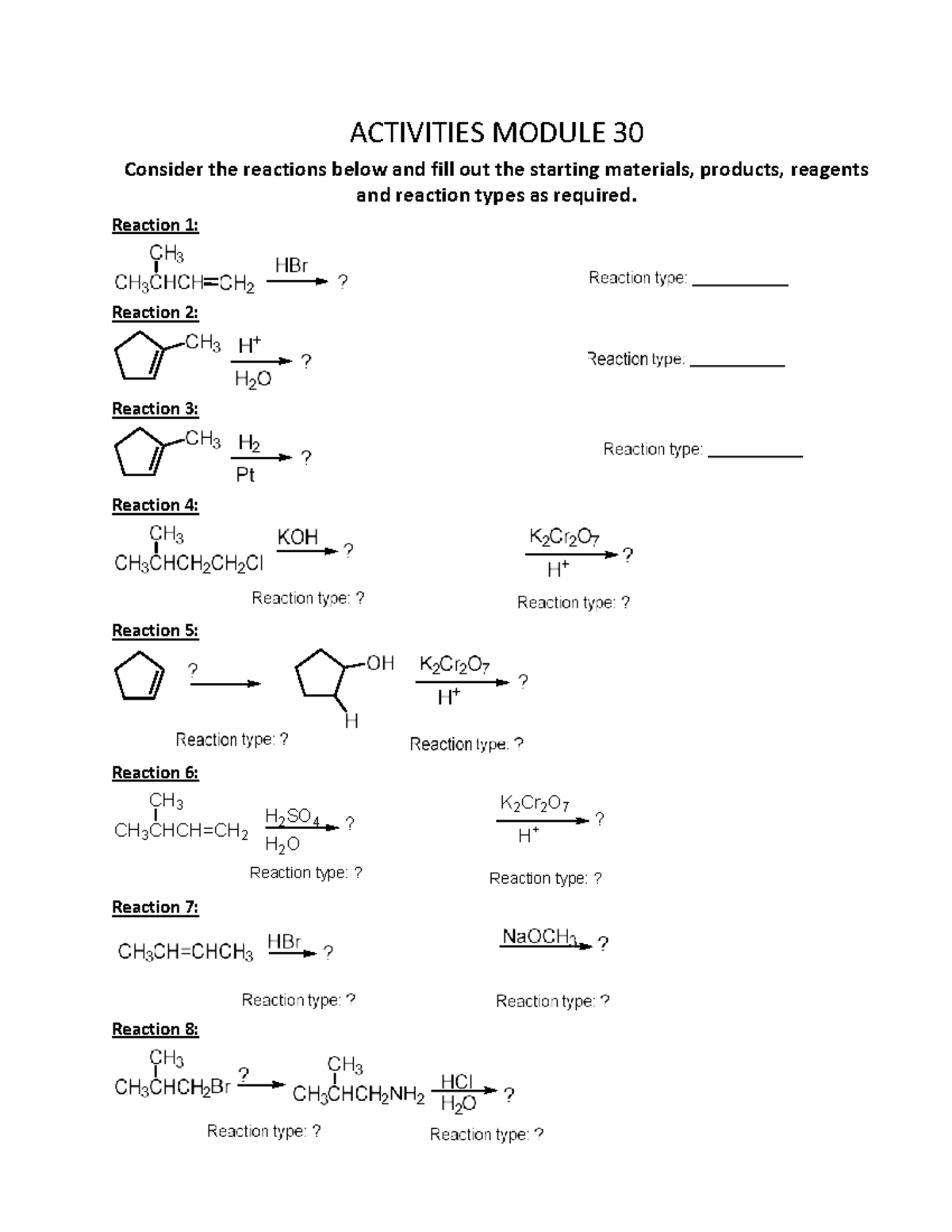 Activities Module 30: Reaction Types and Products Analysis - Studocu