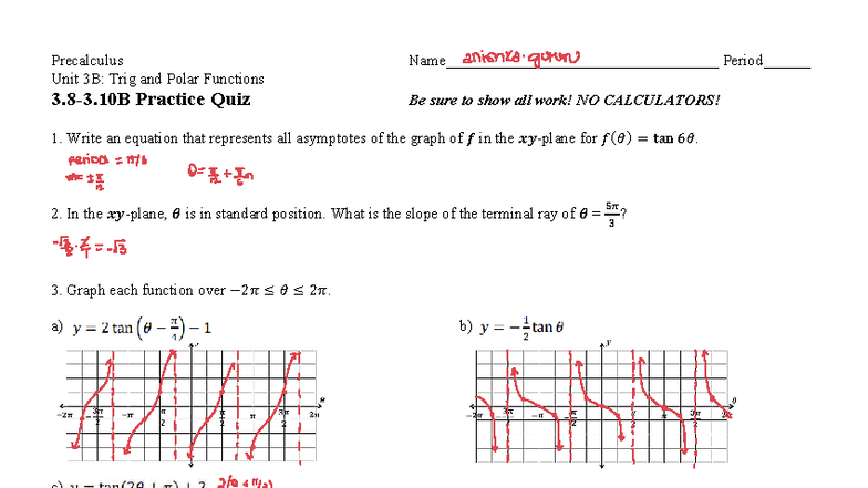 Precalculus 10-30: Unit 3B Trig & Polar Functions Practice Quiz - Studocu