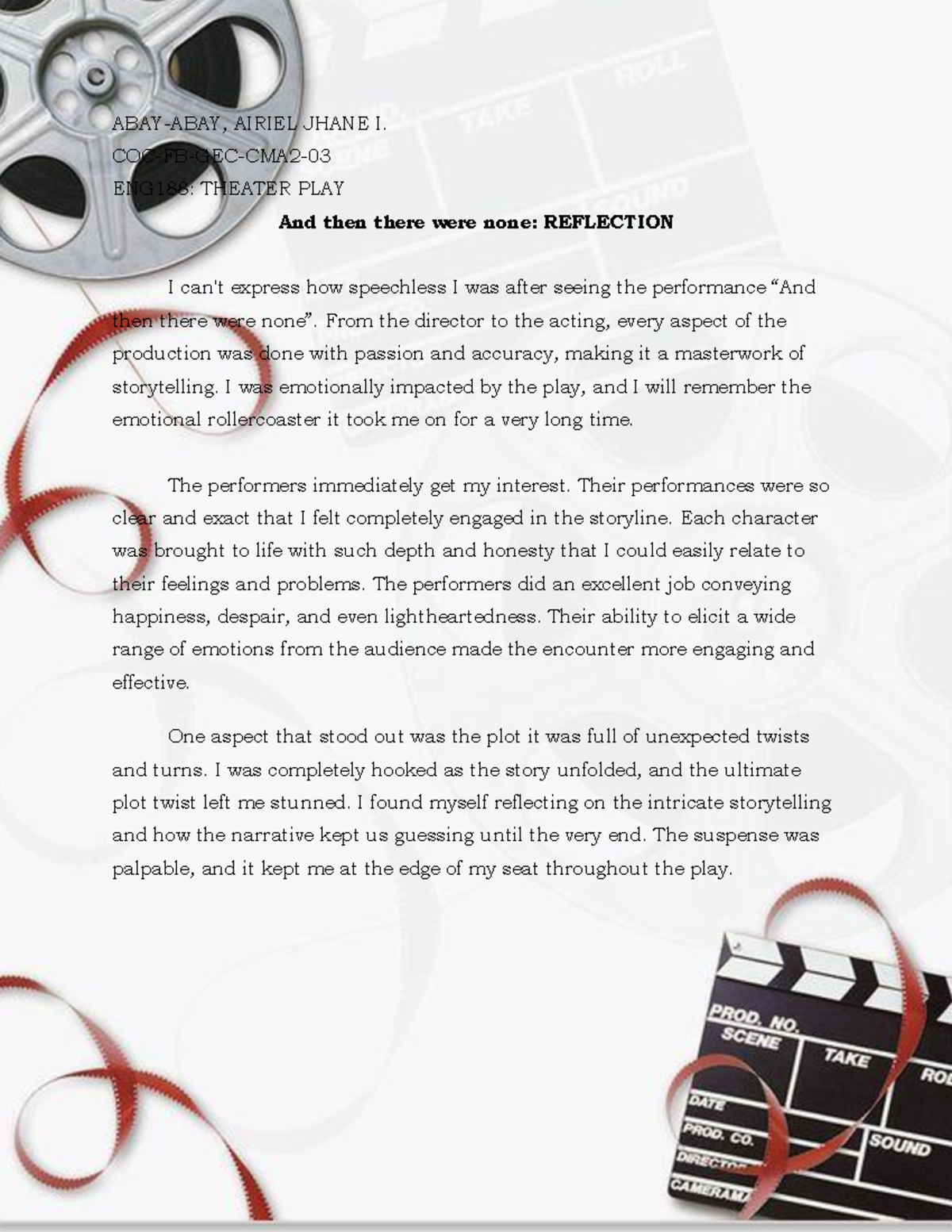 Reflection on Popular Culture Theater - ABAY-ABAY, AIRIEL JHANE I. COC ...