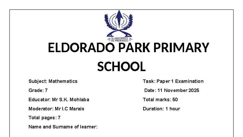Mathematics Paper 1 Nov - ELDORADO PARK PRIMARY SCHOOL Subject ...