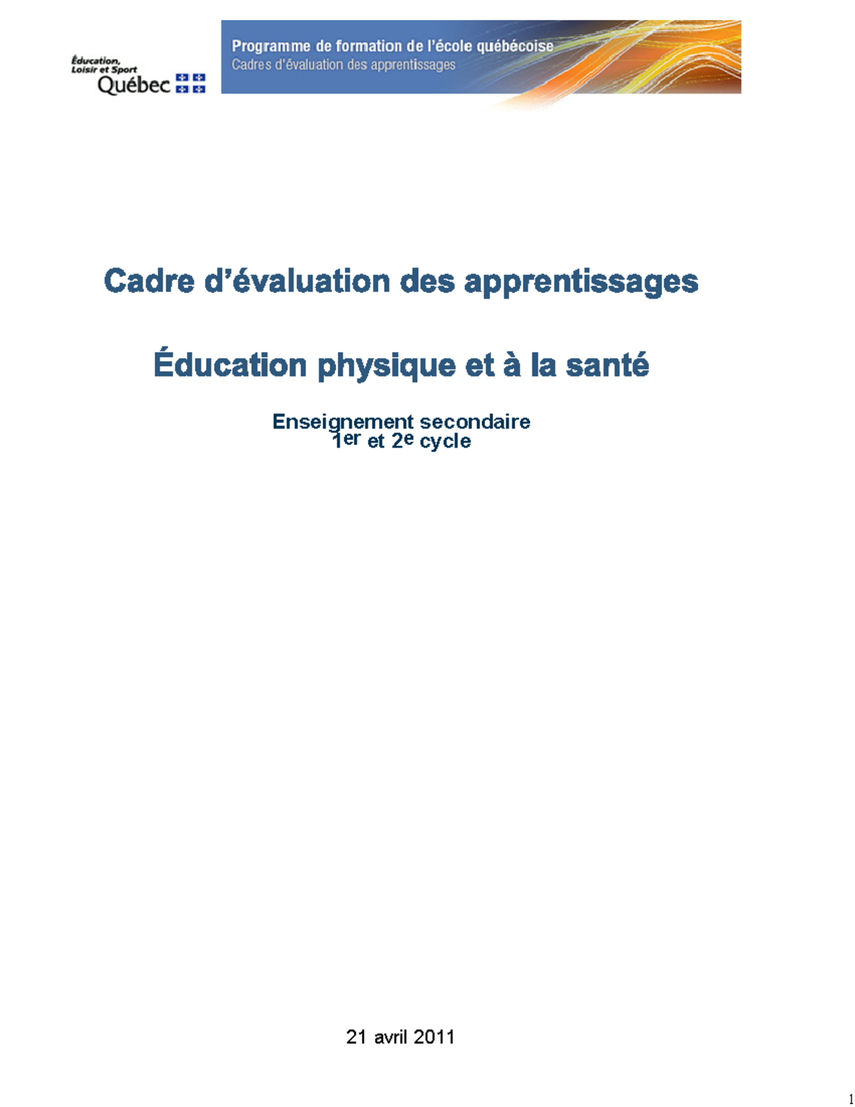 PFEQ cadre evaluation education physique secondaire - Enseignement ...