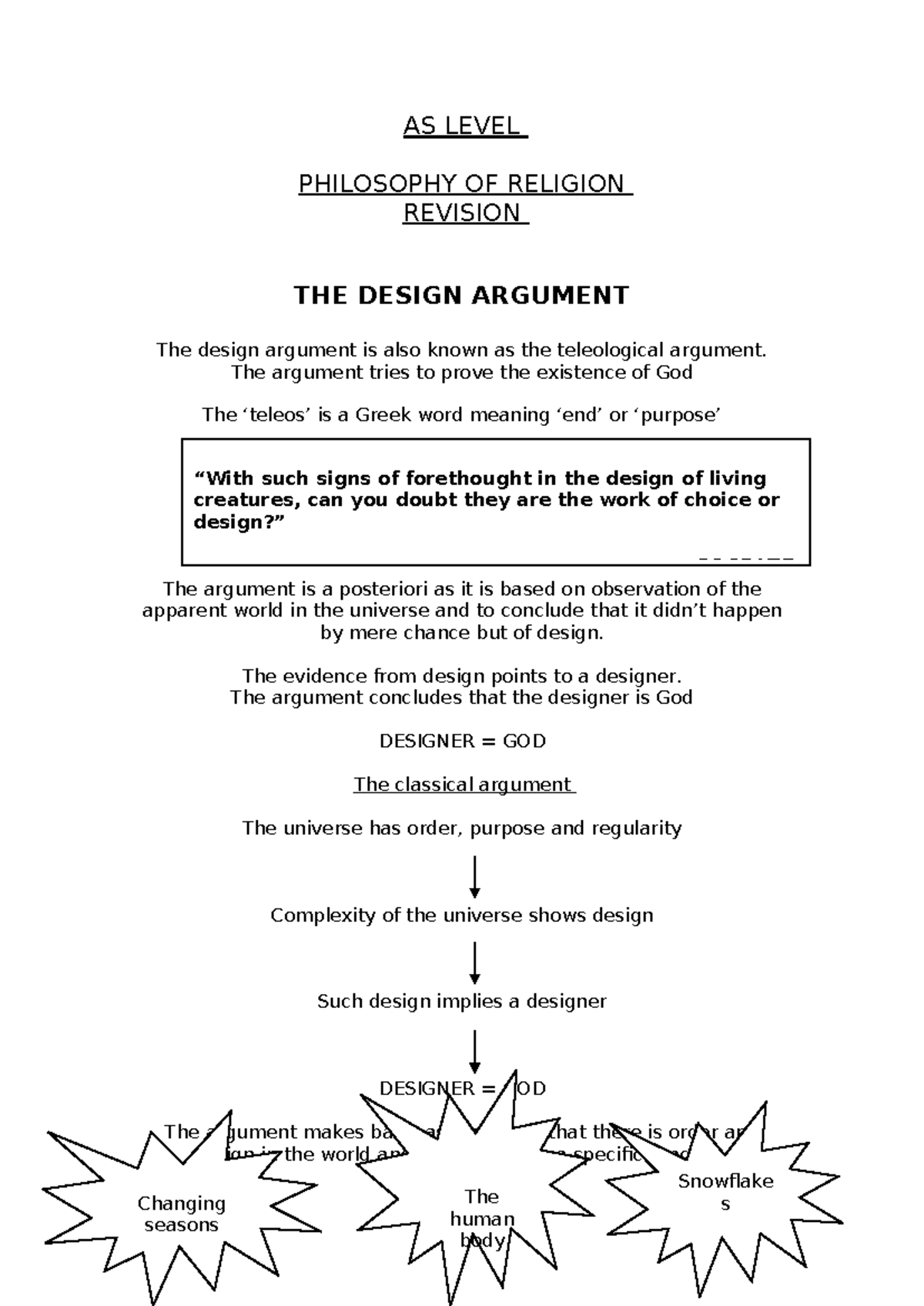 AS LEVEL PHILOSOPHY OF RELIGION REVISION: THE DESIGN ARGUMENT - Studocu
