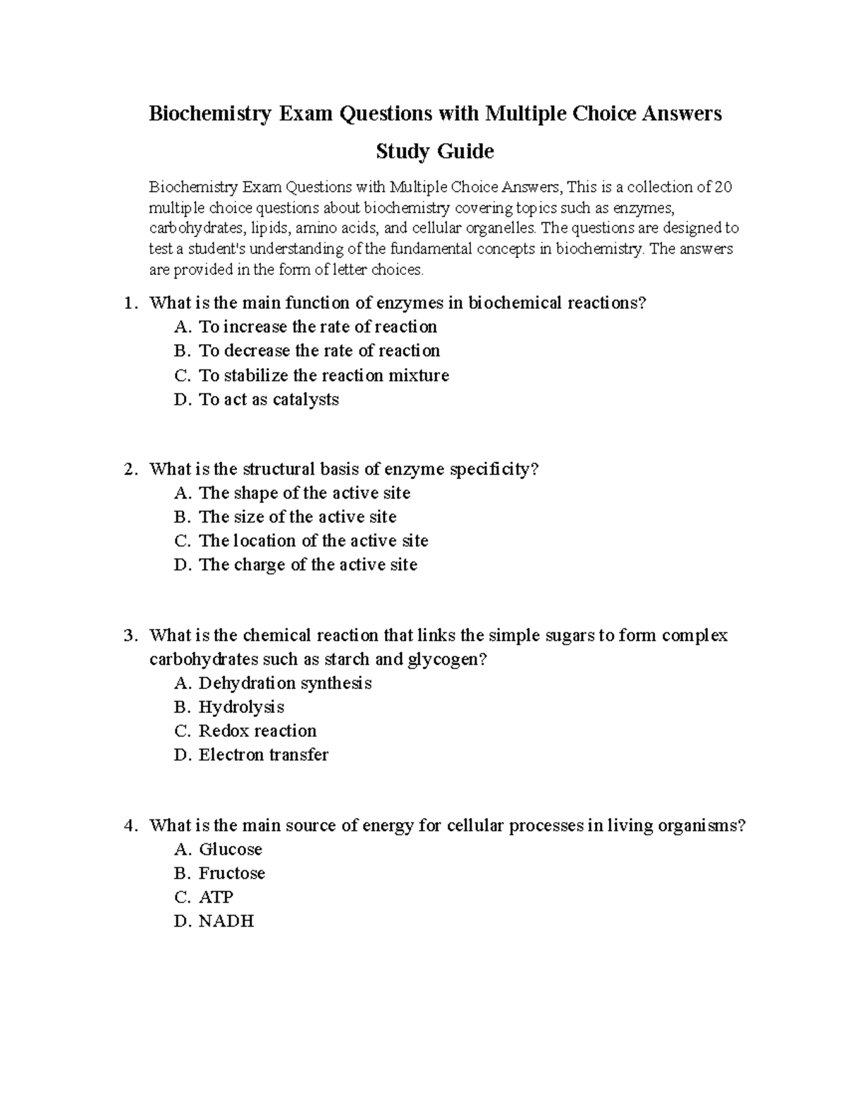 Biochemistry Exam MCQs Study Guide with Answers - Studocu