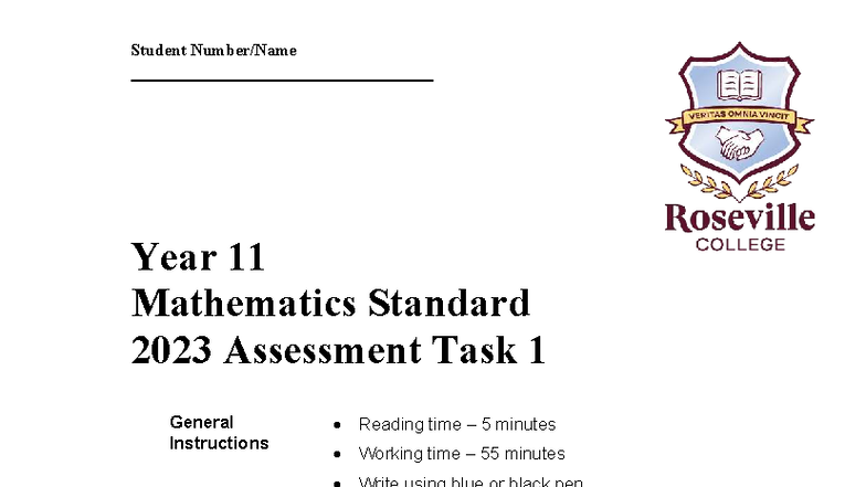 2023 Year 11 Maths Standard Assessment Task 1 Overview and Guidelines ...