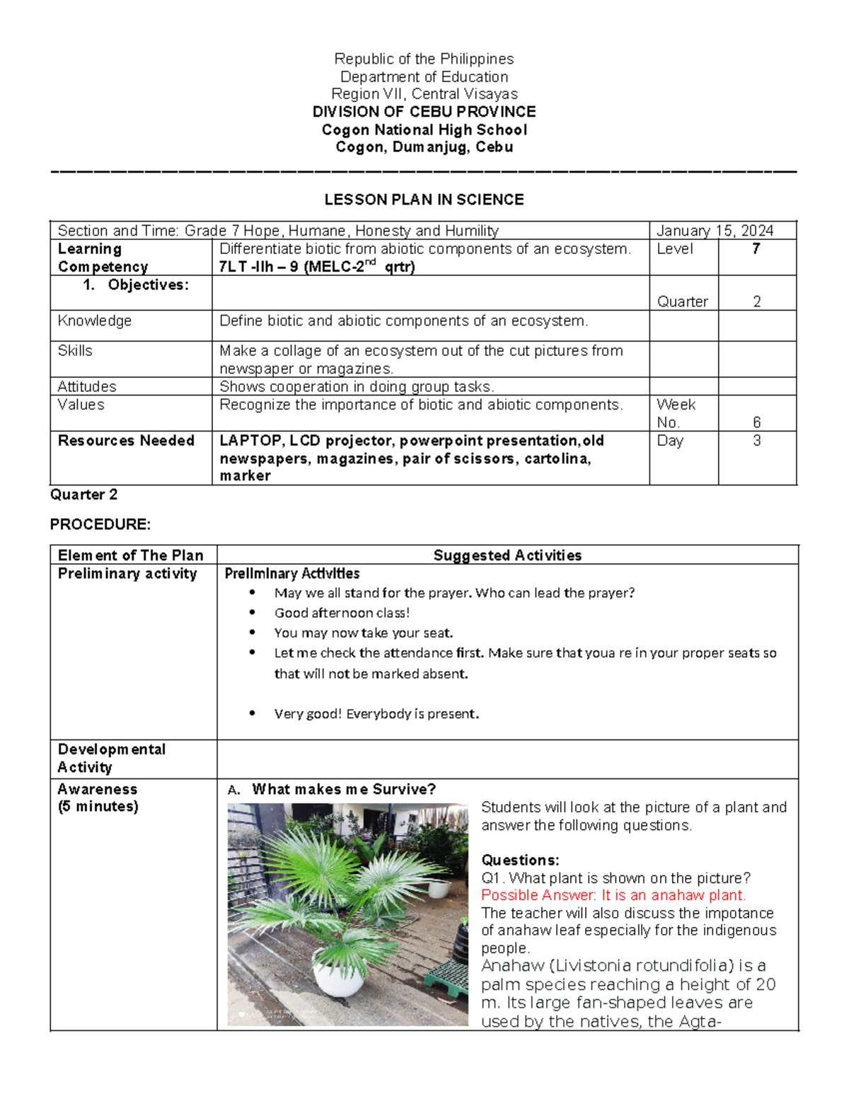 Grade 7 Science: Biotic & Abiotic Components - Lesson Plan - Studocu