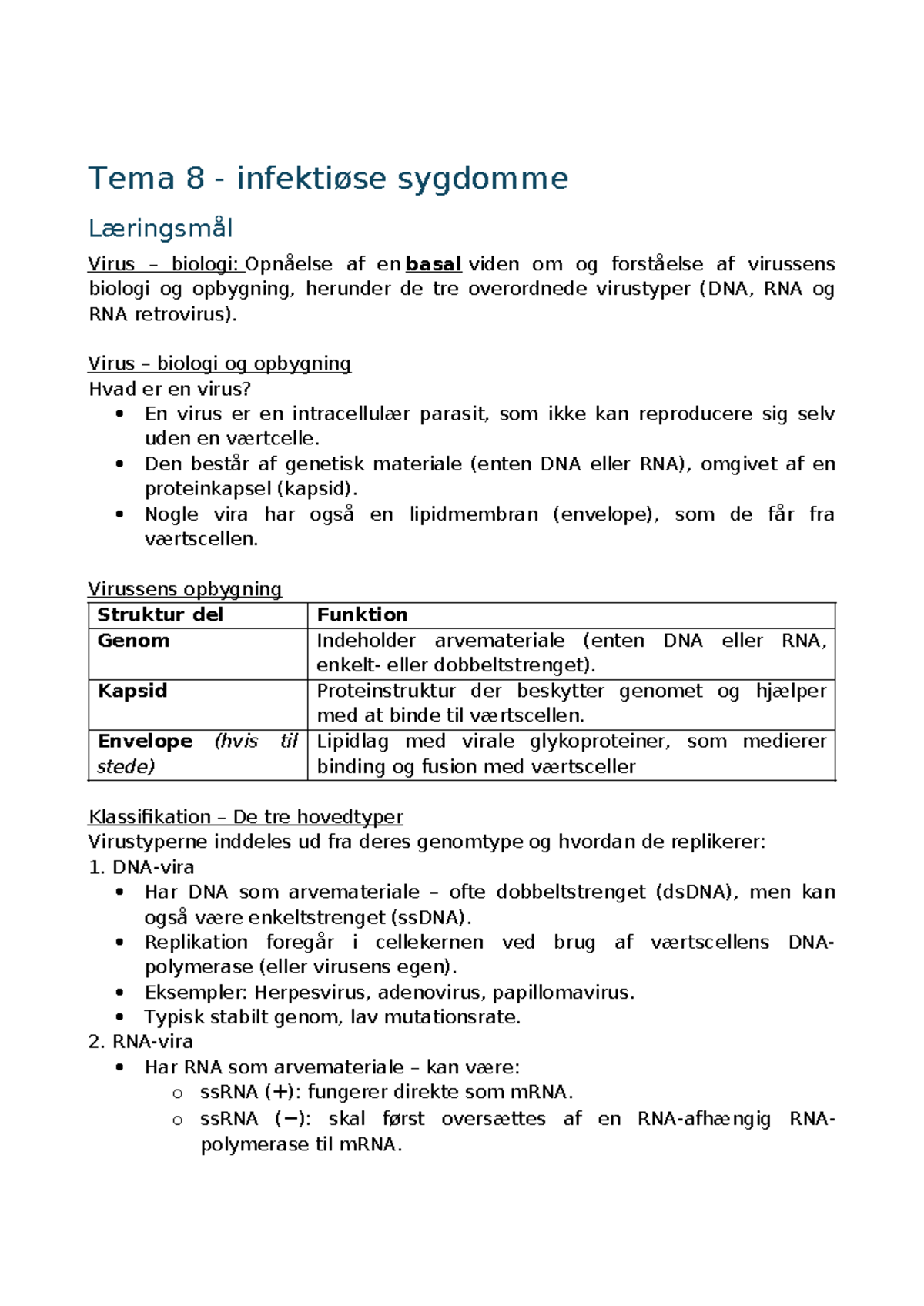 Tema 8: Infektiøse Sygdomme - Virus Biologi og Patologi (Læringsmål ...