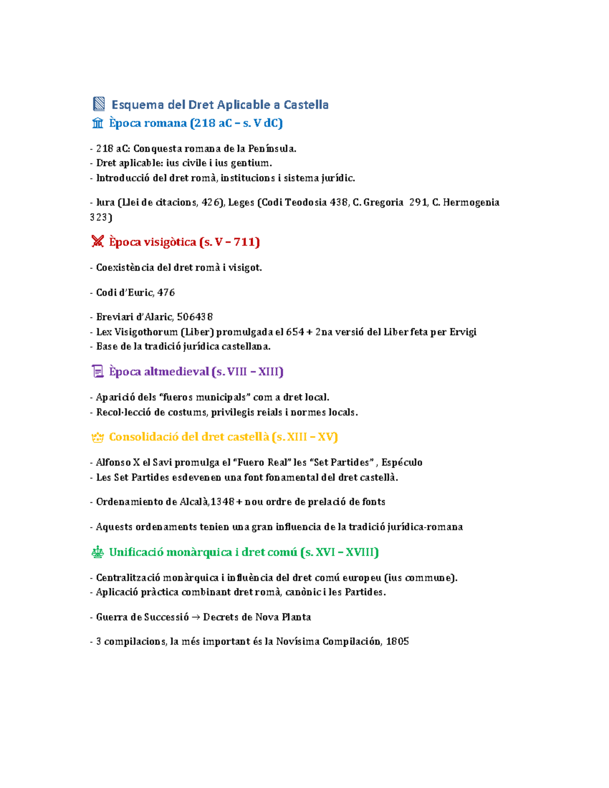 Esquema del Dret Aplicable a Castella: Èpoques i Fonts Jurídics - Studocu