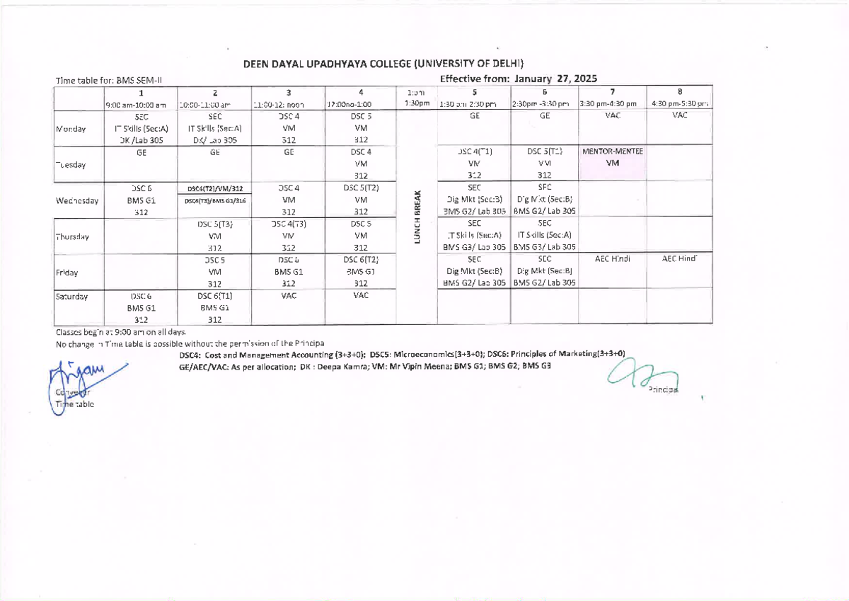Time Table for BMS Program (Effective Jan 2, 2025) at DEEN DAYAL ...