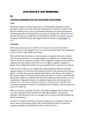 Law of Delict Brief Case summaries - Harm 1. Bester v Commercial Union ...