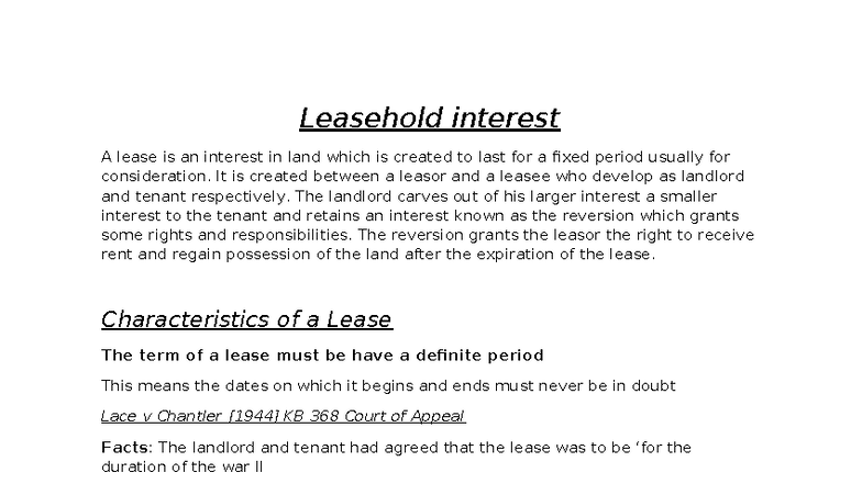 Leases - Stool property - Leasehold interest A lease is an interest in ...
