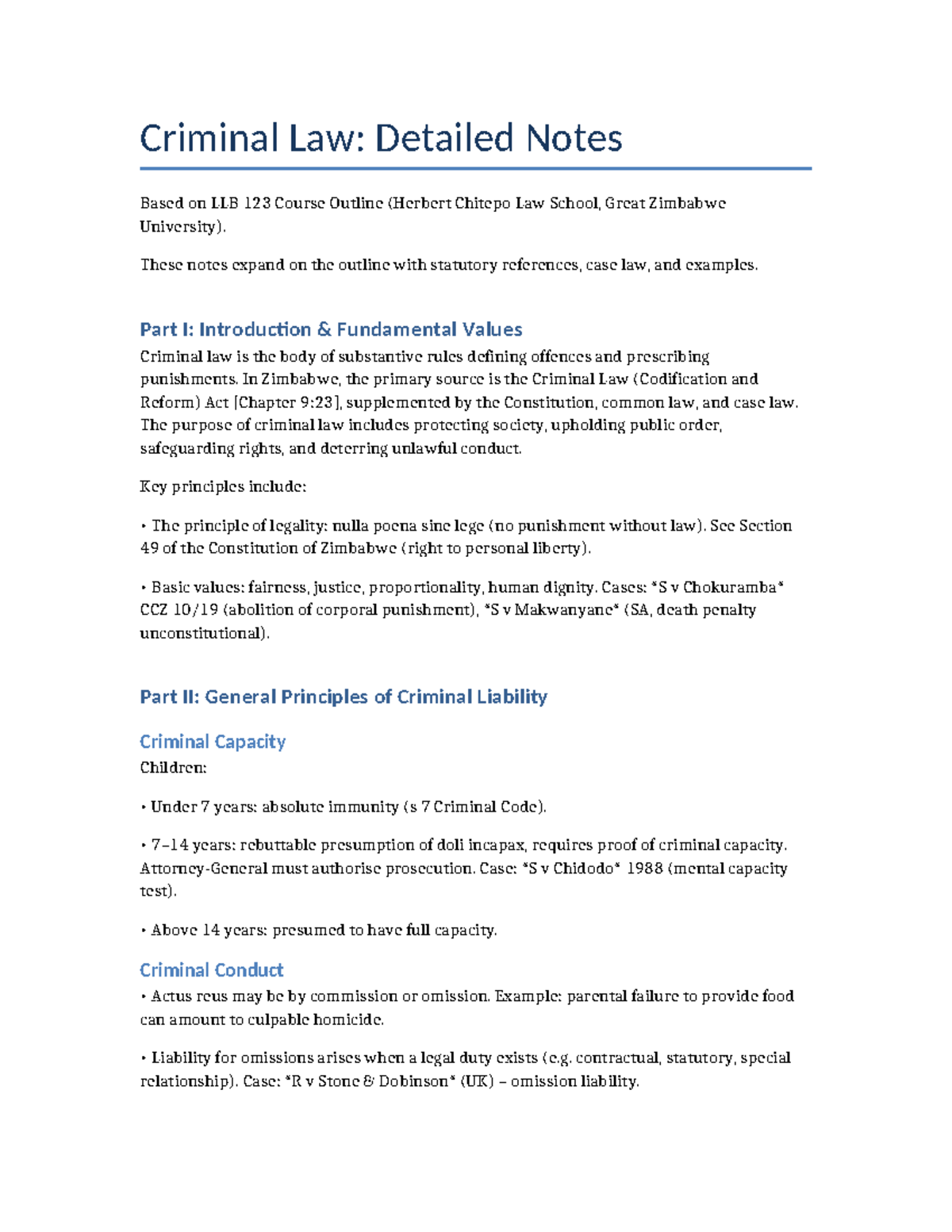Criminal Law Detailed Notes: LLB 123 Course Outline Insights - Studocu