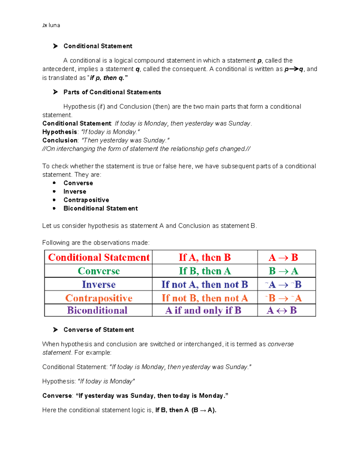 Conditional and Biconditional Statement - Jx luna Conditional Statement ...