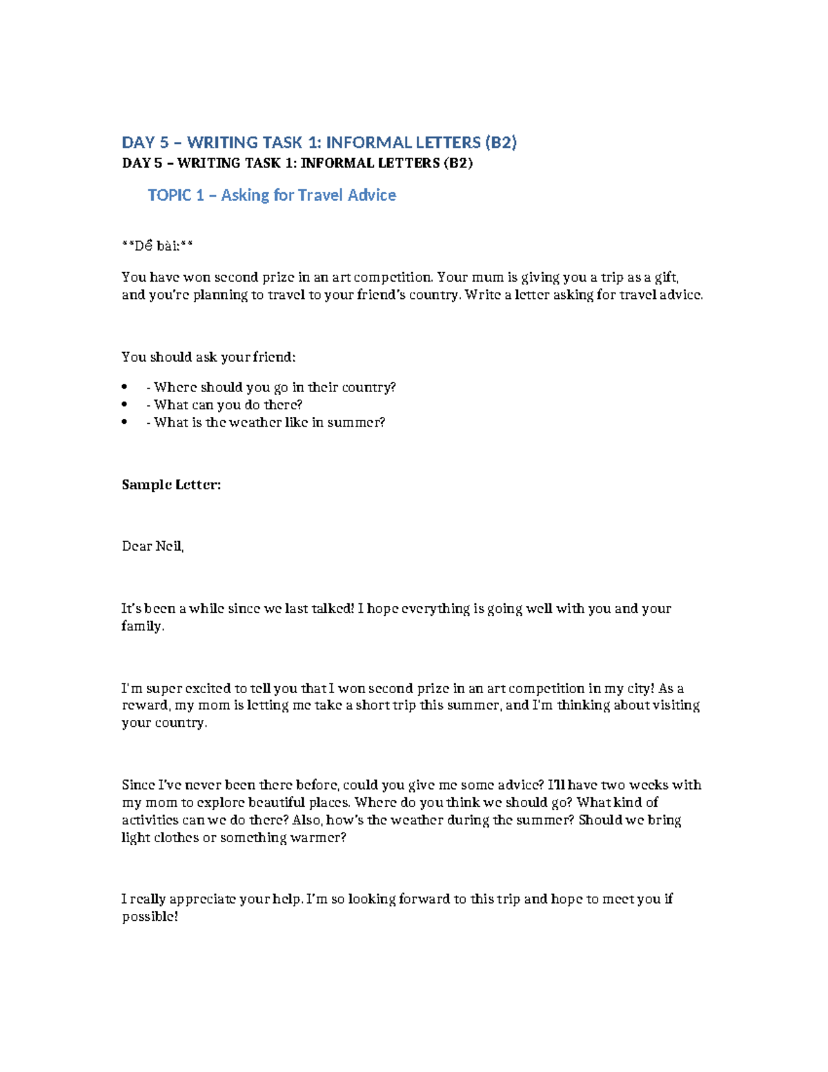 B2 Informal Letters Practice: Travel Advice & Support Tips - Studocu