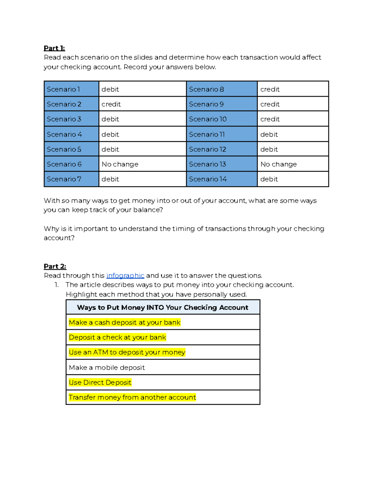 Intro to Banking - Part 1: Read each scenario on the slides and ...