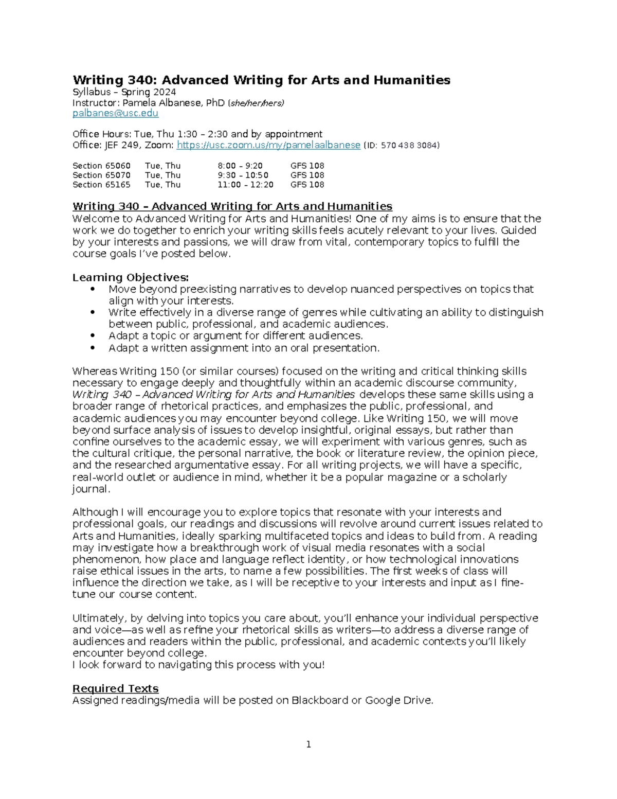Writing 340: Advanced Writing for Arts & Humanities Syllabus - Spring ...