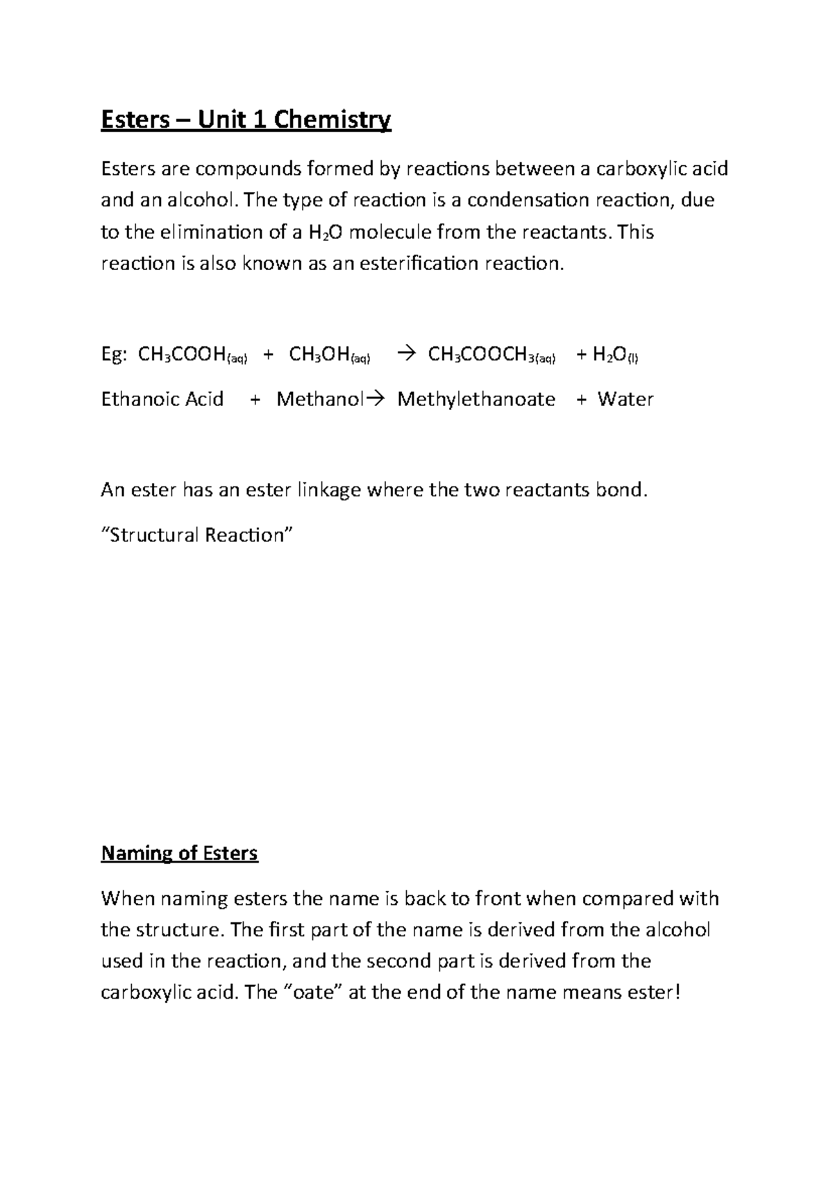 Esters Unit 1 Chemistry Worksheet: Naming & Structures - Studocu
