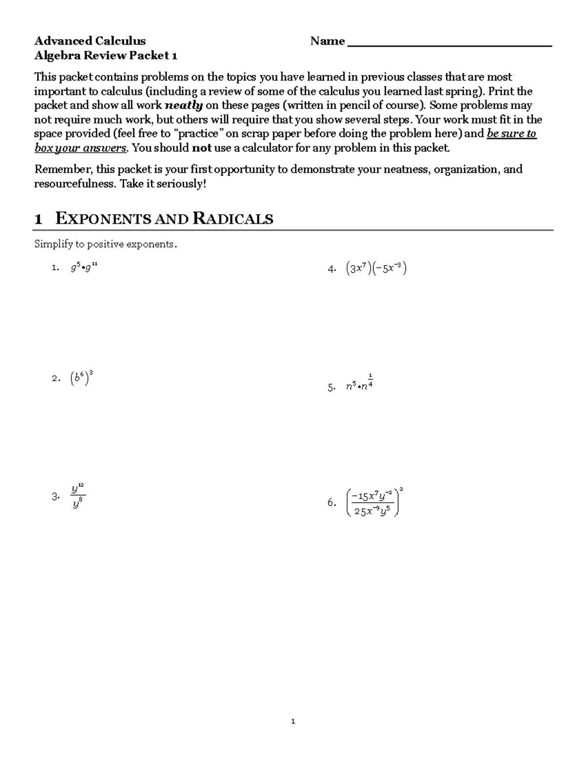 Advanced Calculus Algebra Review Packet 1: Key Concepts & Problems ...
