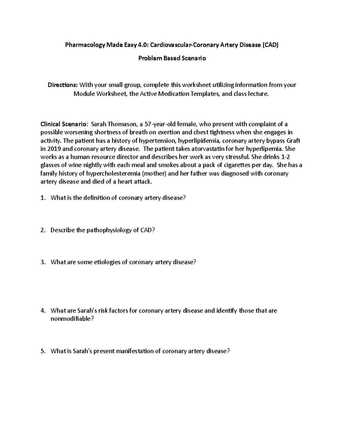 PME PBS: Case Study on Cardiovascular Disease (CAD) Assessment - Studocu