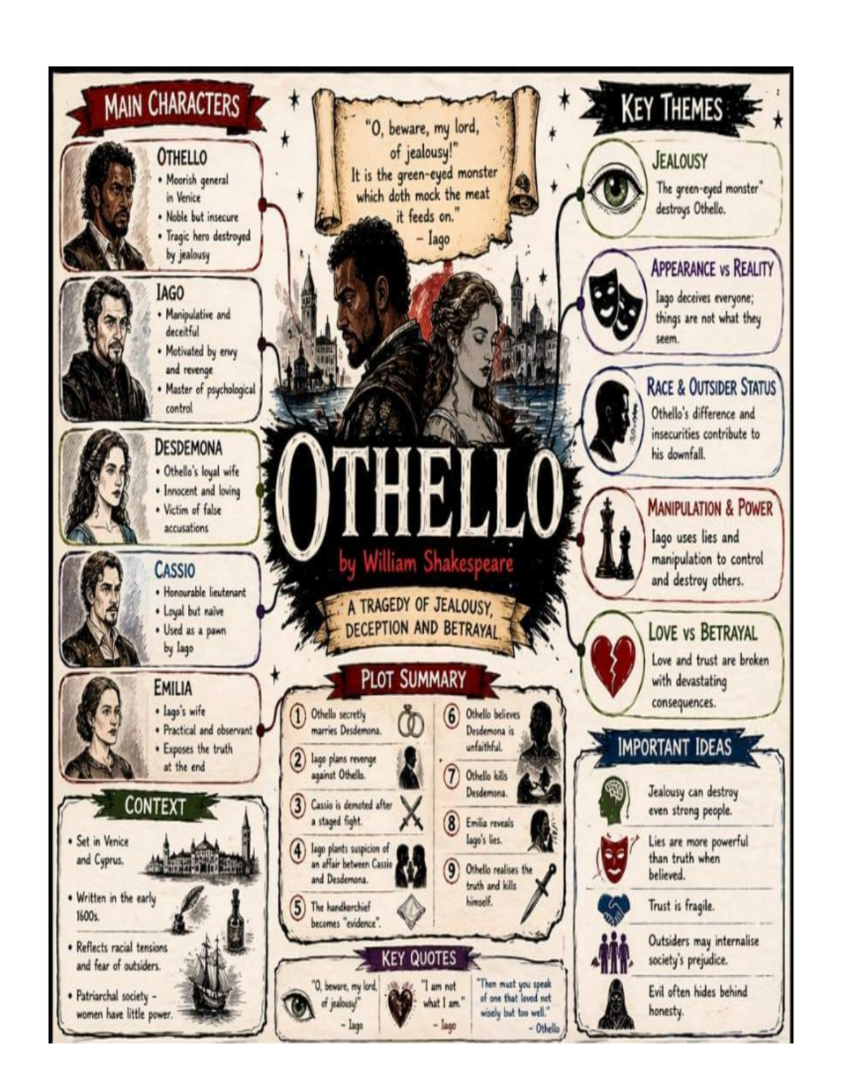 Othello (ENG 101) Summary Sheet: Themes of Jealousy and Betrayal - Studocu
