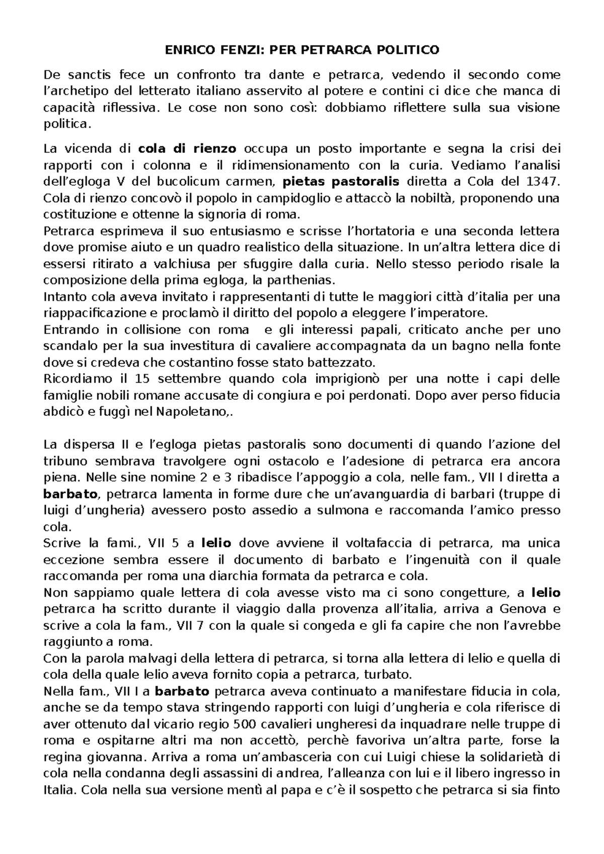 ENRICO FENZI: ANALISI POLITICA DI PETRARCA E COLO DI RIENZO - Studocu