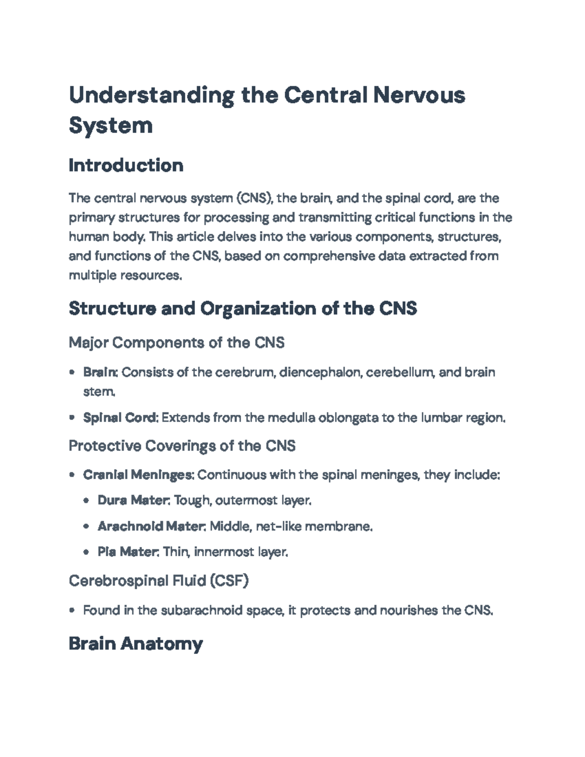 CNS 101: Structure and Functions of the Central Nervous System - Studocu