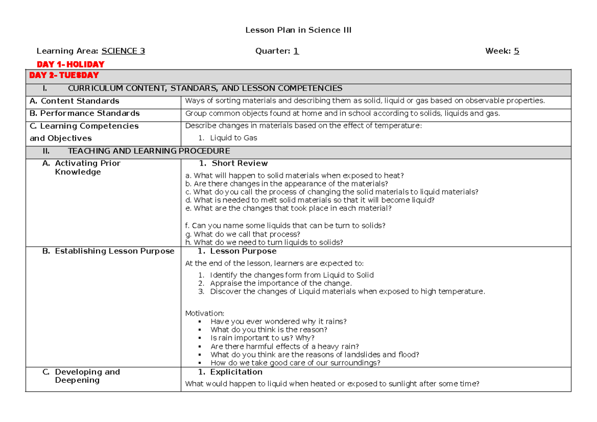 SCIENCE 3 Week 5 Lesson Plan: Changes in States of Matter - Studocu