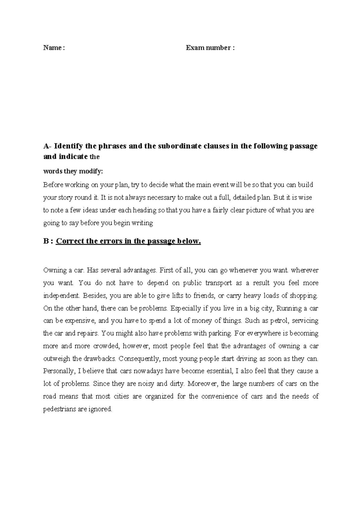 S1 Paragraph Writing Exercises: Identifying Clauses and Errors - Studocu