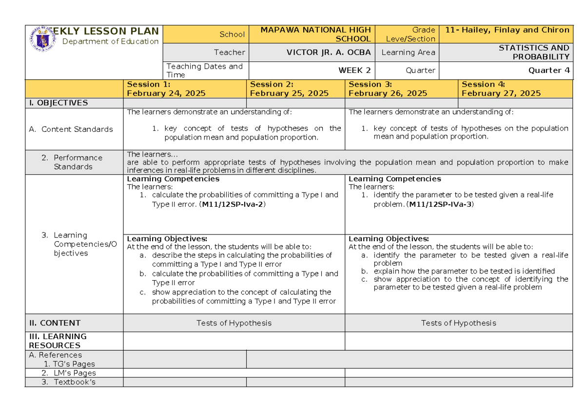 DLP Week 2 Q4 - math - WEEKLY LESSON PLAN Department of Education ...