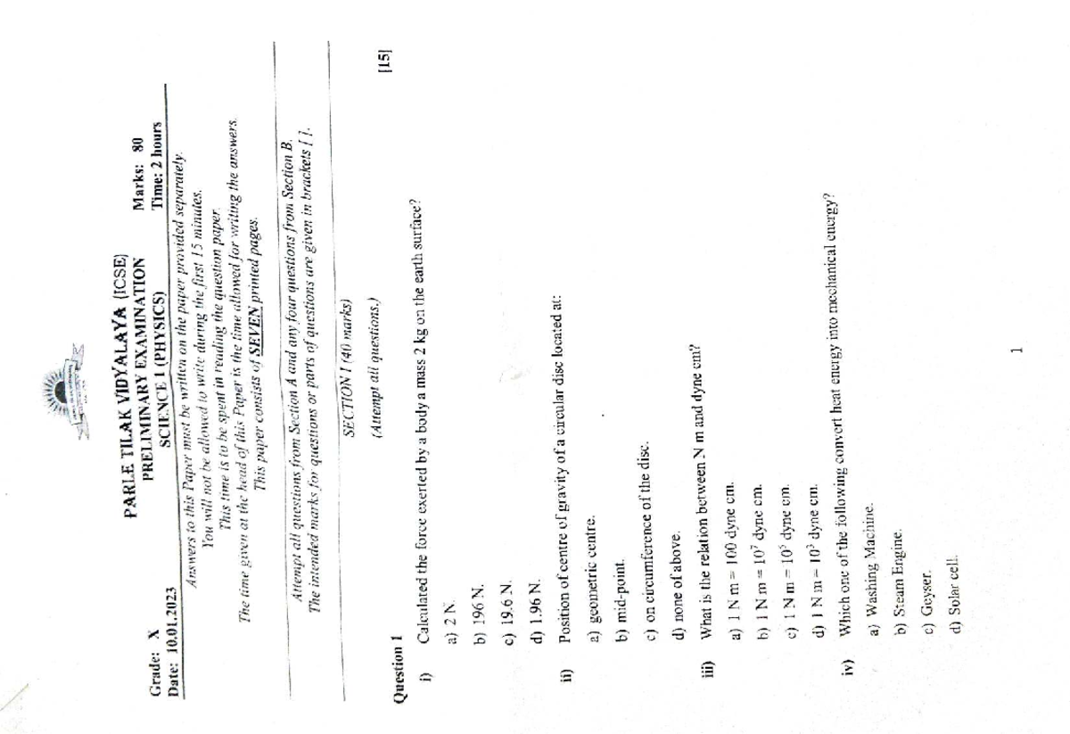 22-23 X PHY PTV - Preliminary Exam Paper on Physics - Studocu