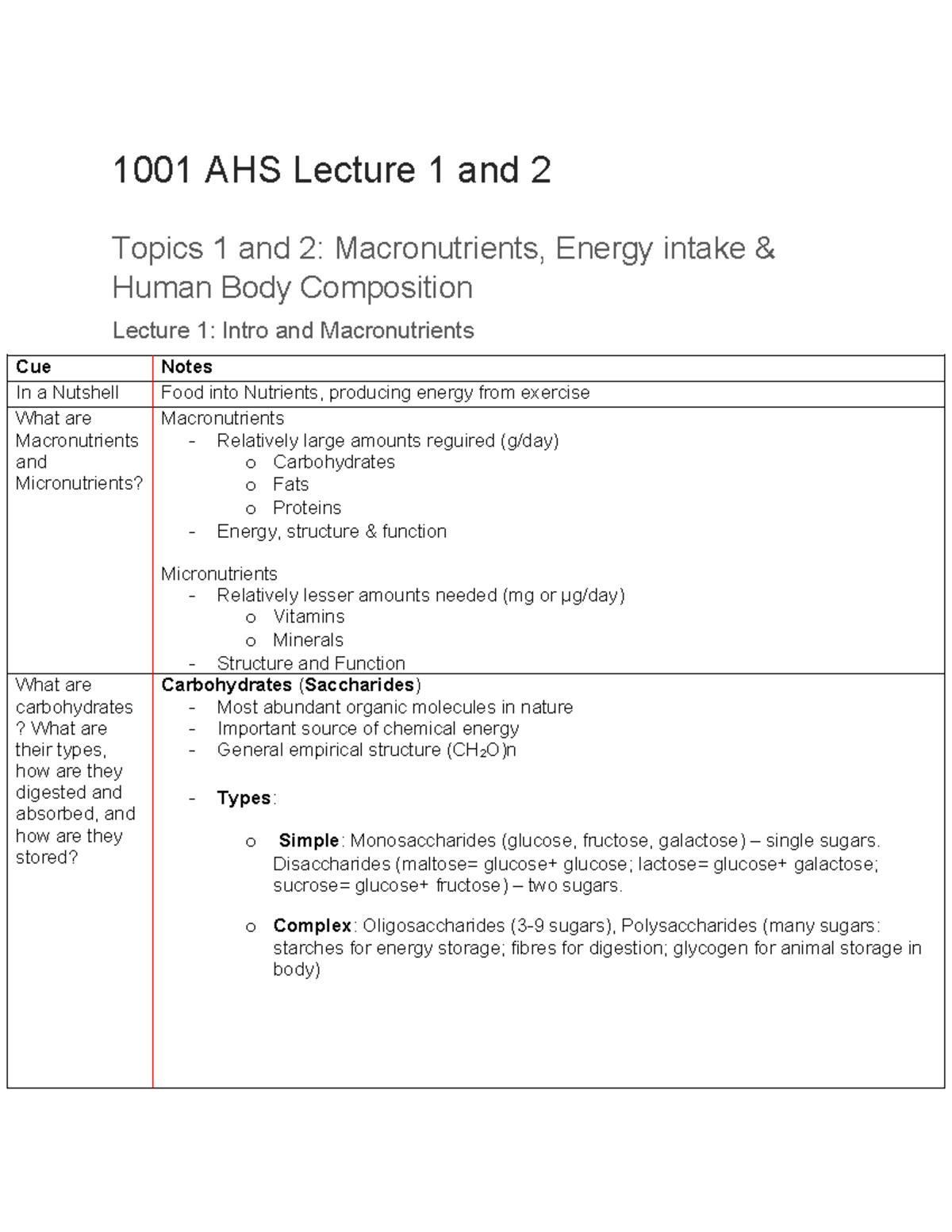 1001 AHS Lecture Notes: Macronutrients & Body Composition Overview ...