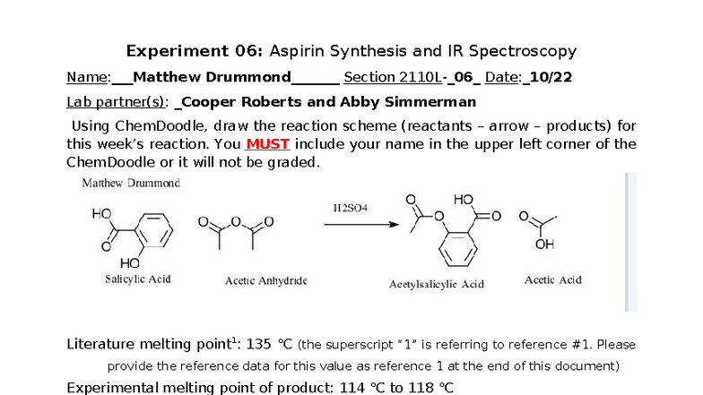 FA2025 Experiment 06: Aspirin Synthesis & IR Spectroscopy Report - Studocu