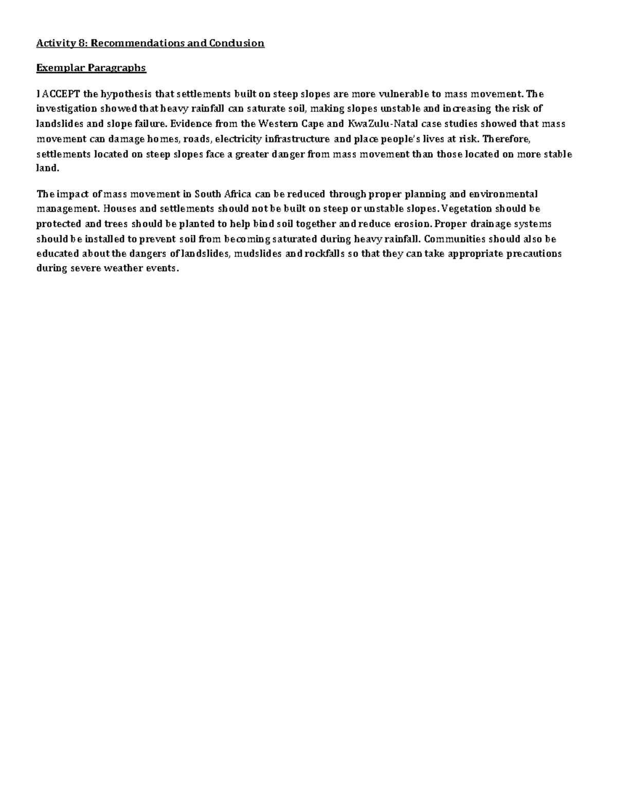 Activity 8: Term 2 Task on Mass Movement Vulnerability Exemplar - Studocu