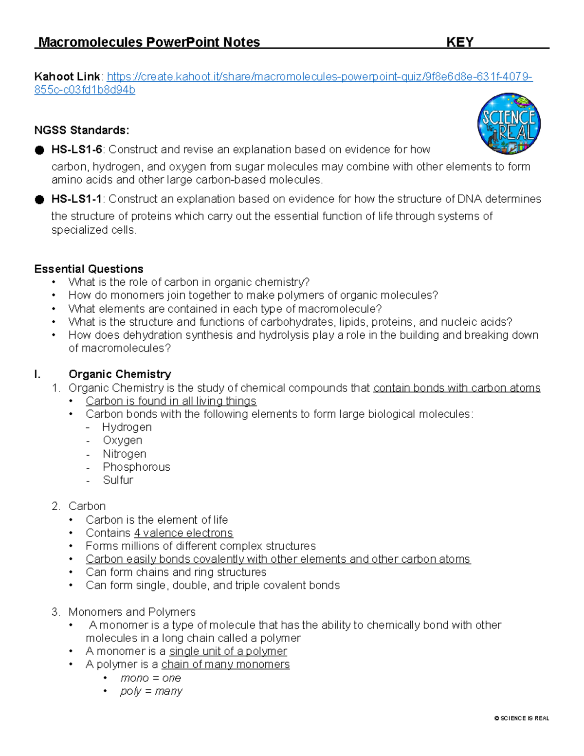 Macromolecules PowerPoint Notes Key (HS-LS1) - Essential Concepts - Studocu
