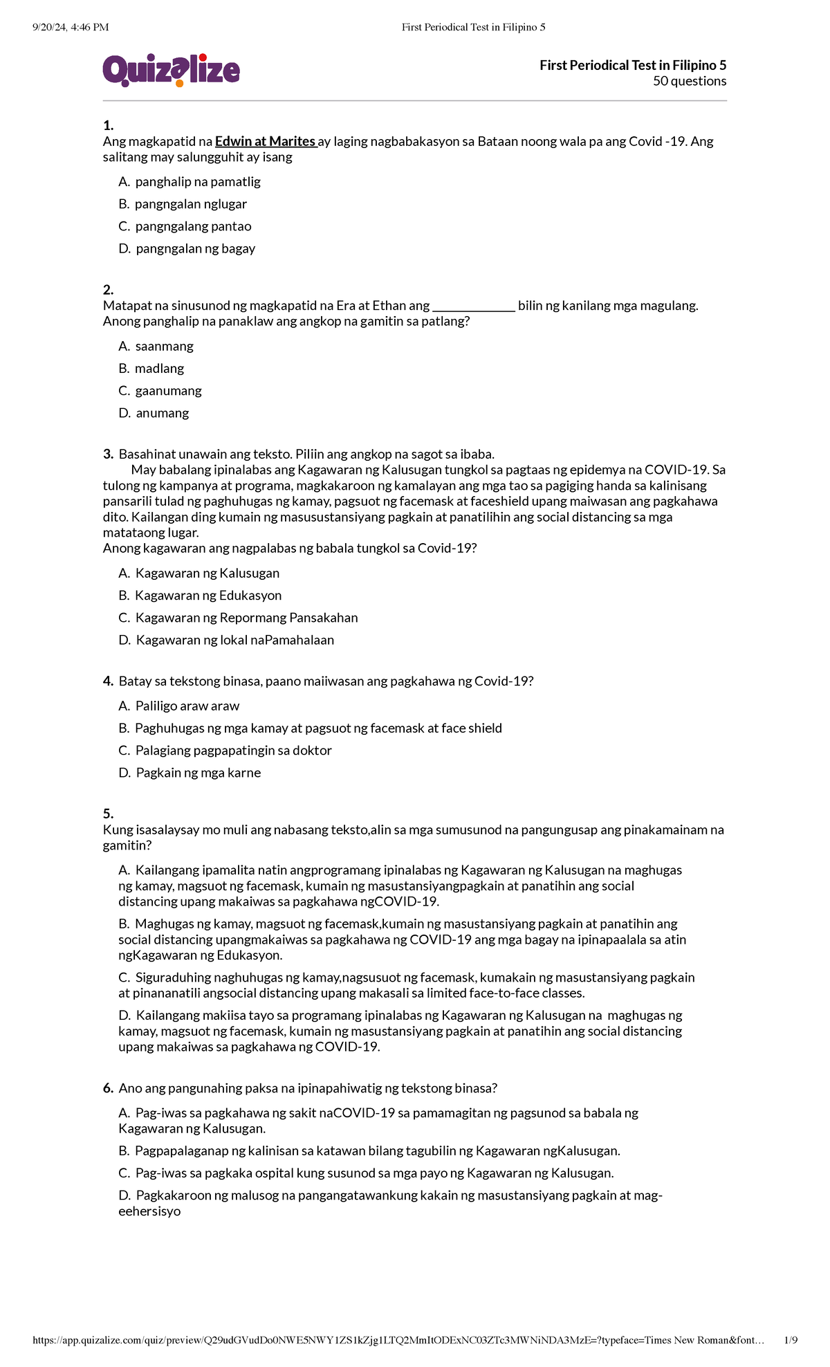 First Periodical Test in Filipino 5 - Ang magkapatid na Edwin at ...